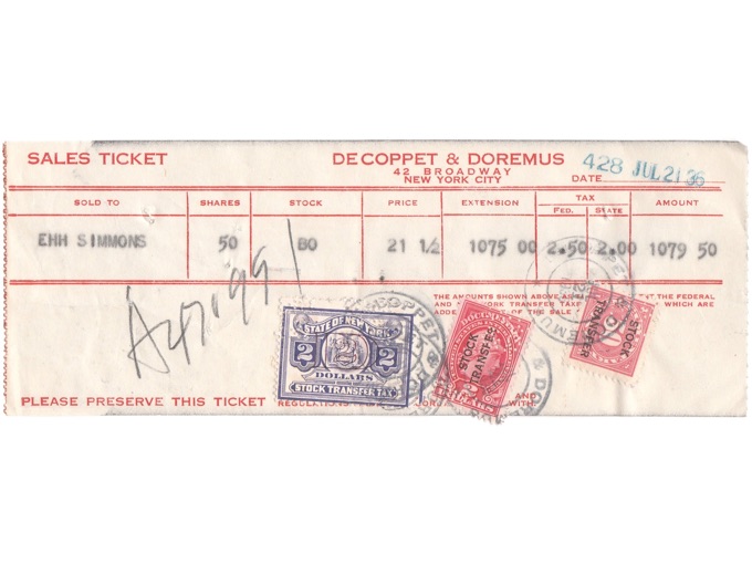 1936 Stock Transfer Receipt with 3 U.S. Tax Revenue Stamps